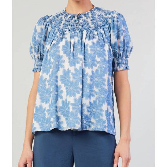 Current Air | Tops | New Current Air Floral Smocked Neck Blouse In Blue ...